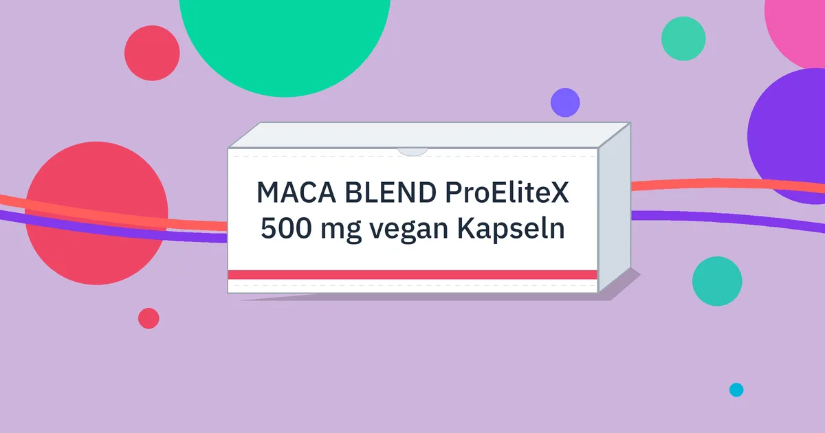 Symbolbild: Packung mit der Aufschrift MACA BLEND ProEliteX 500 mg vegan Kapseln (PZN 20102174) – Verfügbarkeit und Bezug in Apotheken in Frankfurt am Main