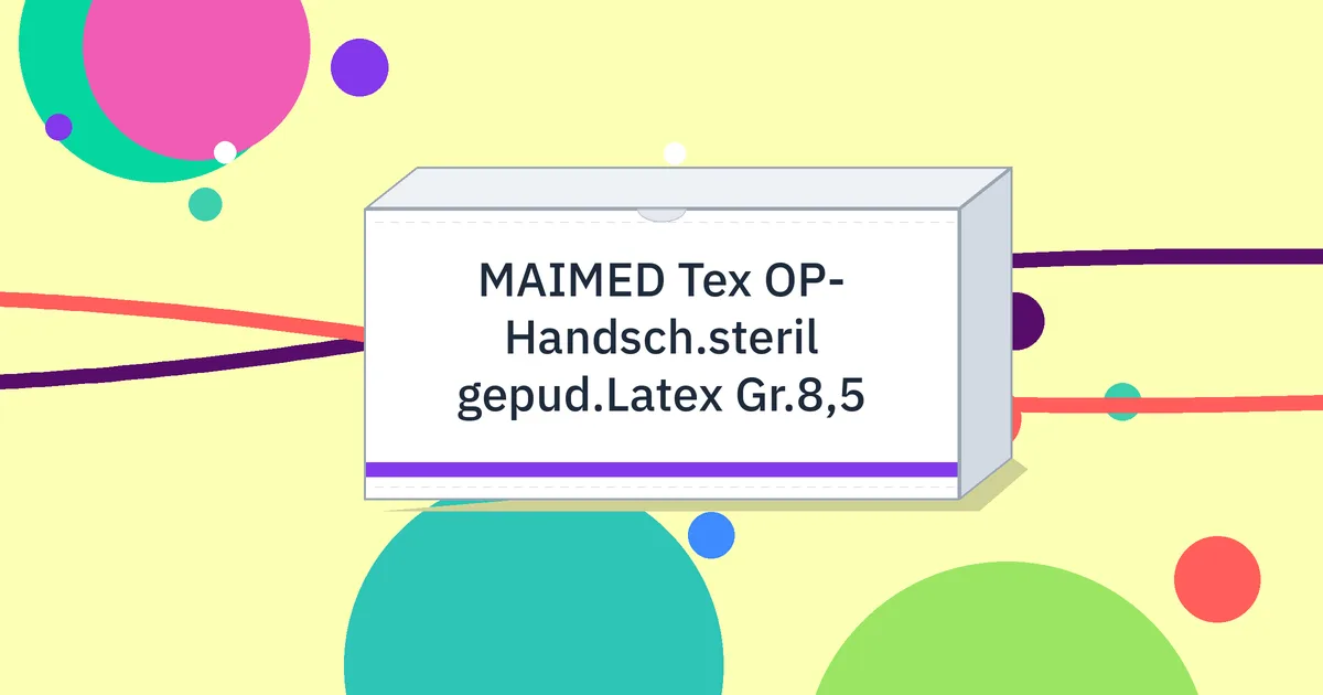 Symbolbild: Packung mit der Aufschrift MAIMED Tex OP-Handsch.steril gepud.Latex Gr.8,5 (PZN 04842658) – Verfügbarkeit und Bezug in Apotheken in Frankfurt am Main