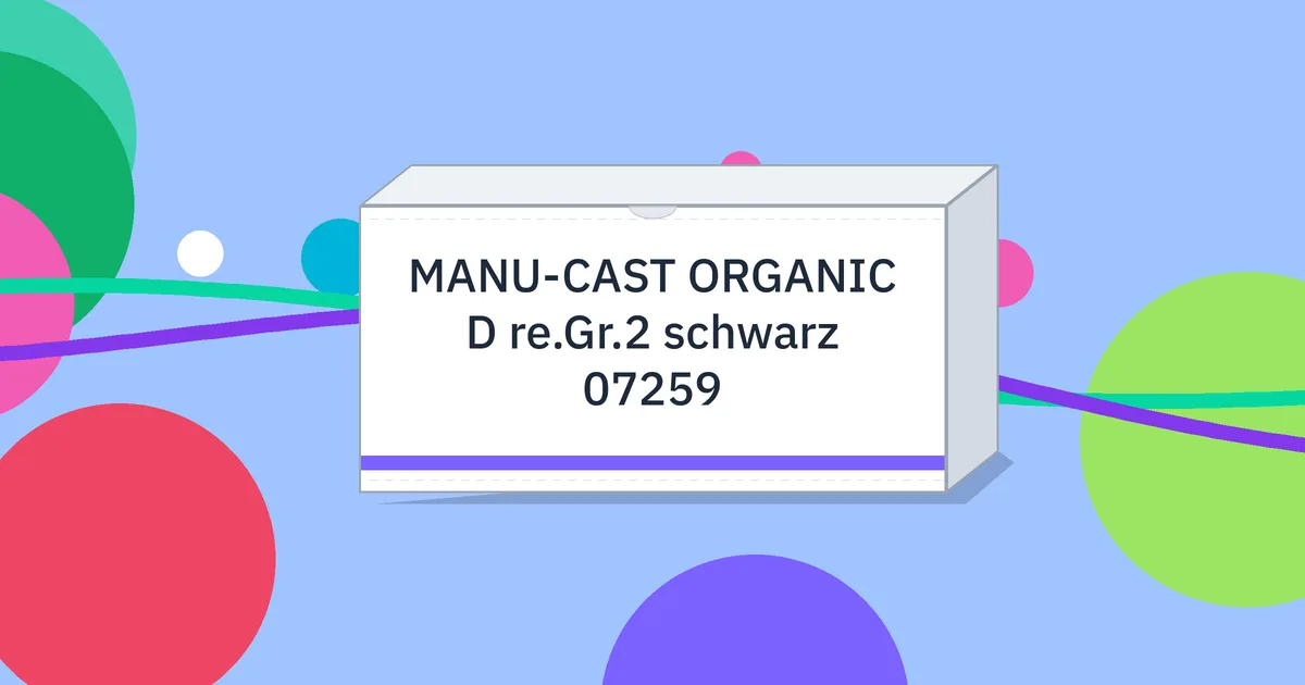 Symbolbild: Packung mit der Aufschrift MANU-CAST ORGANIC D re.Gr.2 schwarz 07259 (PZN 17890015) – Verfügbarkeit und Bezug in Apotheken in Frankfurt am Main