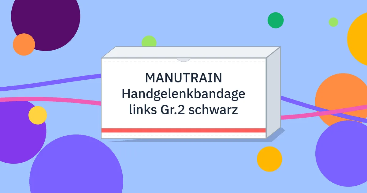 Symbolbild: Packung mit der Aufschrift MANUTRAIN Handgelenkbandage links Gr.2 schwarz (PZN 07552369) – Verfügbarkeit und Bezug in Apotheken in Frankfurt am Main