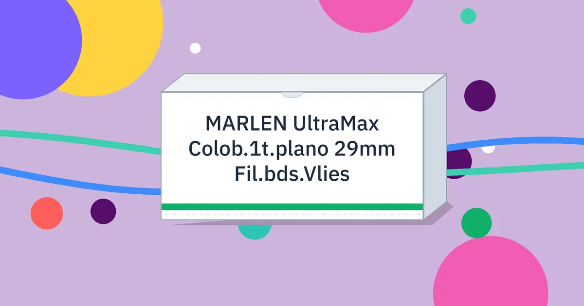 Symbolbild: Packung mit der Aufschrift MARLEN UltraMax Colob.1t.plano 29mm Fil.bds.Vlies (PZN 05354576) – Verfügbarkeit und Bezug in Apotheken in Frankfurt am Main