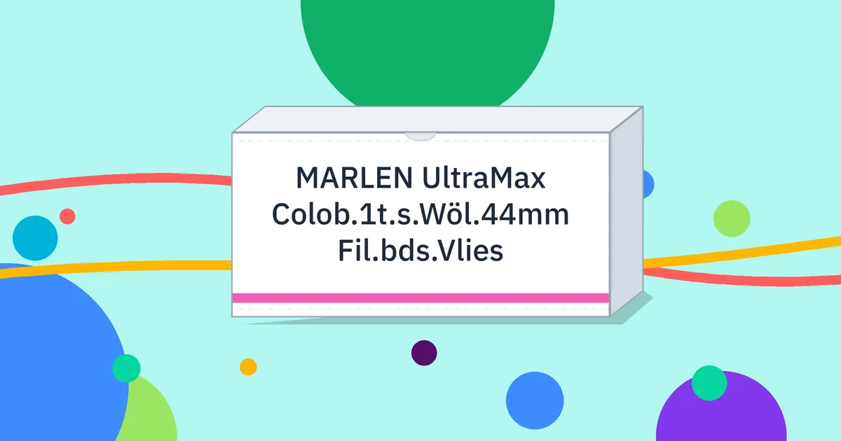 Symbolbild: Packung mit der Aufschrift MARLEN UltraMax Colob.1t.s.Wöl.44mm Fil.bds.Vlies (PZN 00625378) – Verfügbarkeit und Bezug in Apotheken in Frankfurt am Main