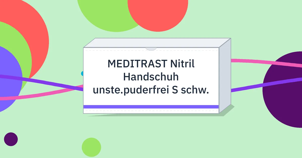 Symbolbild: Packung mit der Aufschrift MEDITRAST Nitril Handschuh unste.puderfrei S schw. (PZN 13510949) – Verfügbarkeit und Bezug in Apotheken in Frankfurt am Main