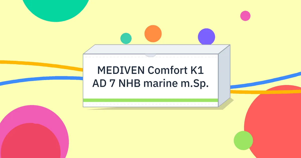 Symbolbild: Packung mit der Aufschrift MEDIVEN Comfort K1 AD 7 NHB marine m.Sp. (PZN 14561021) – Verfügbarkeit und Bezug in Apotheken in Frankfurt am Main