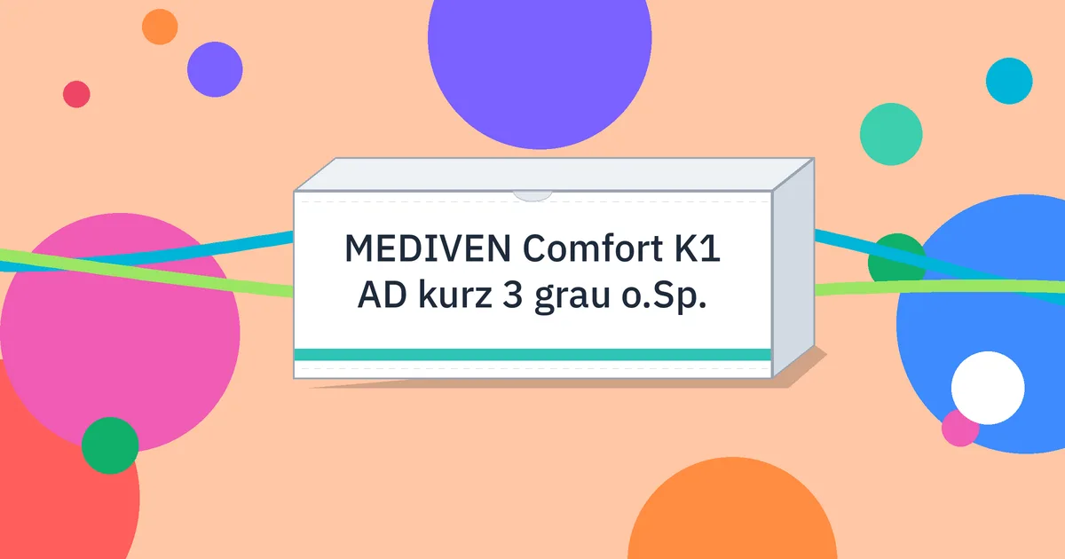 Symbolbild: Packung mit der Aufschrift MEDIVEN Comfort K1 AD kurz 3 grau o.Sp. (PZN 19005810) – Verfügbarkeit und Bezug in Apotheken in Frankfurt am Main