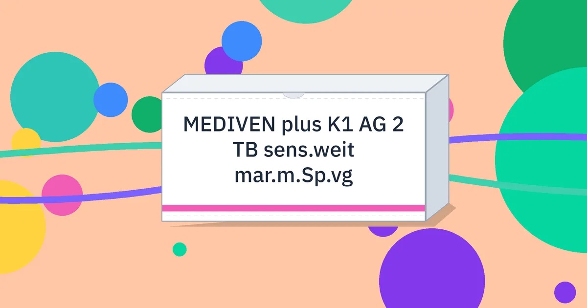 Symbolbild: Packung mit der Aufschrift MEDIVEN plus K1 AG 2 TB sens.weit mar.m.Sp.vg (PZN 15064678) – Verfügbarkeit und Bezug in Apotheken in Frankfurt am Main