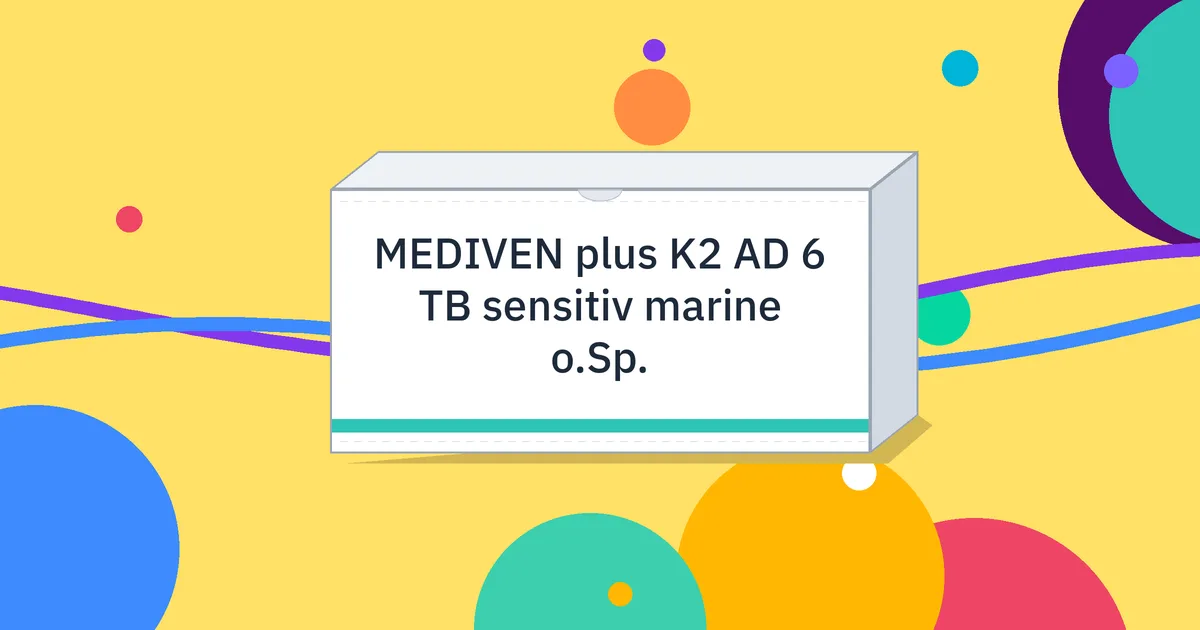 Symbolbild: Packung mit der Aufschrift MEDIVEN plus K2 AD 6 TB sensitiv marine o.Sp. (PZN 15104320) – Verfügbarkeit und Bezug in Apotheken in Frankfurt am Main