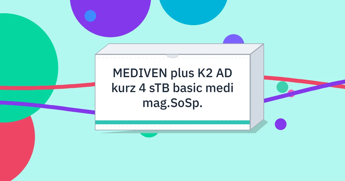 Symbolbild: Packung mit der Aufschrift MEDIVEN plus K2 AD kurz 4 sTB basic medi mag.SoSp. (PZN 15100032) – Verfügbarkeit und Bezug in Apotheken in Frankfurt am Main