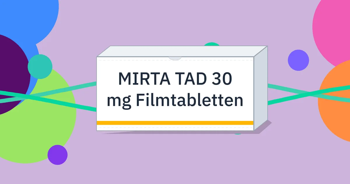 Symbolbild: Packung mit der Aufschrift MIRTA TAD 30 mg Filmtabletten (PZN 18192891) – Verfügbarkeit und Bezug in Apotheken in Frankfurt am Main