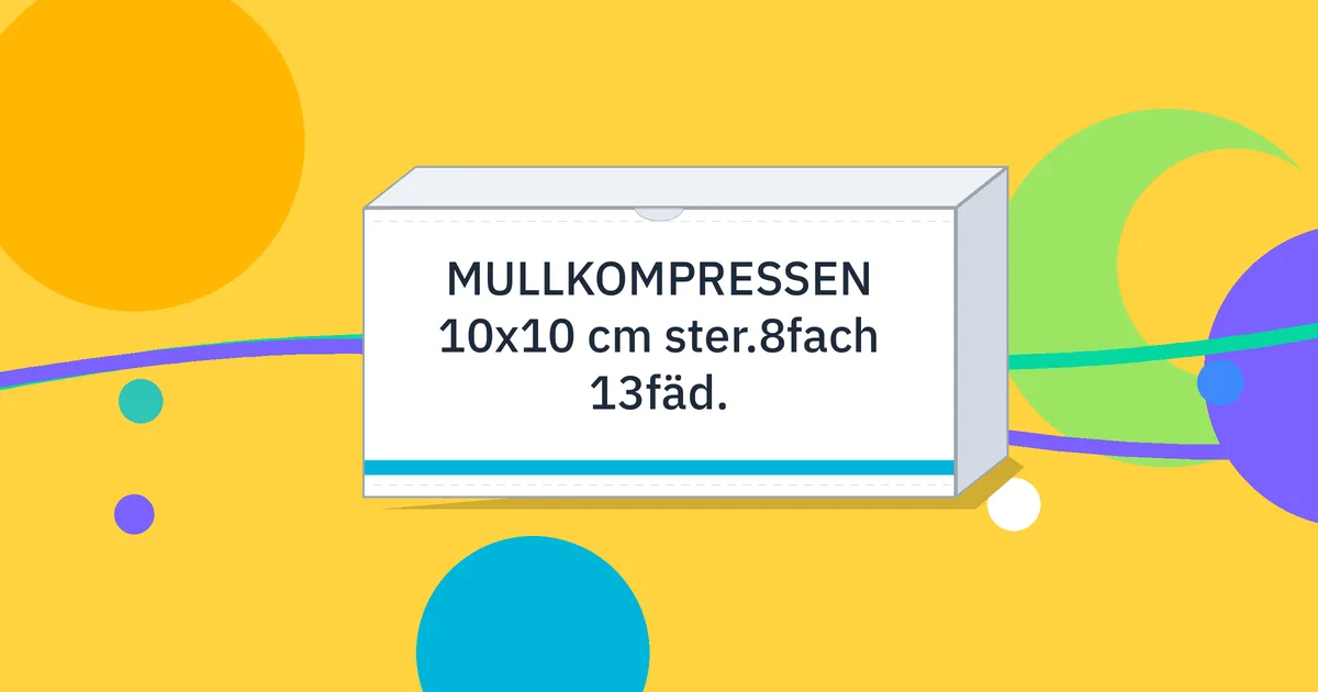 Symbolbild: Packung mit der Aufschrift MULLKOMPRESSEN 10x10 cm ster.8fach 13fäd. (PZN 06928938) – Verfügbarkeit und Bezug in Apotheken in Frankfurt am Main