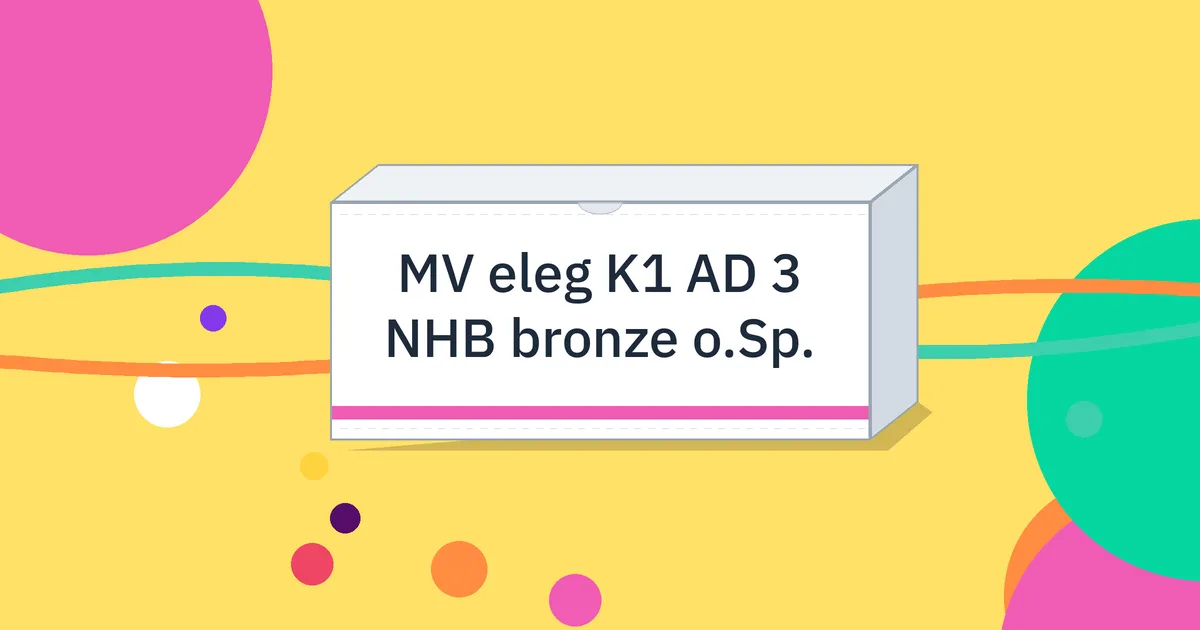 Symbolbild: Packung mit der Aufschrift MV eleg K1 AD 3 NHB bronze o.Sp. (PZN 15674856) – Verfügbarkeit und Bezug in Apotheken in Frankfurt am Main