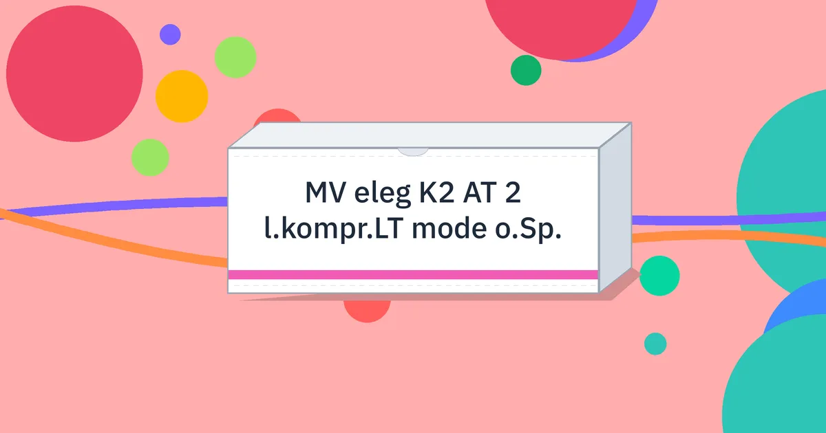 Symbolbild: Packung mit der Aufschrift MV eleg K2 AT 2 l.kompr.LT mode o.Sp. (PZN 06189441) – Verfügbarkeit und Bezug in Apotheken in Frankfurt am Main
