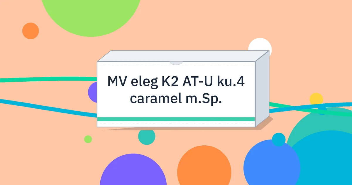 Symbolbild: Packung mit der Aufschrift MV eleg K2 AT-U ku.4 caramel m.Sp. (PZN 00530399) – Verfügbarkeit und Bezug in Apotheken in Frankfurt am Main