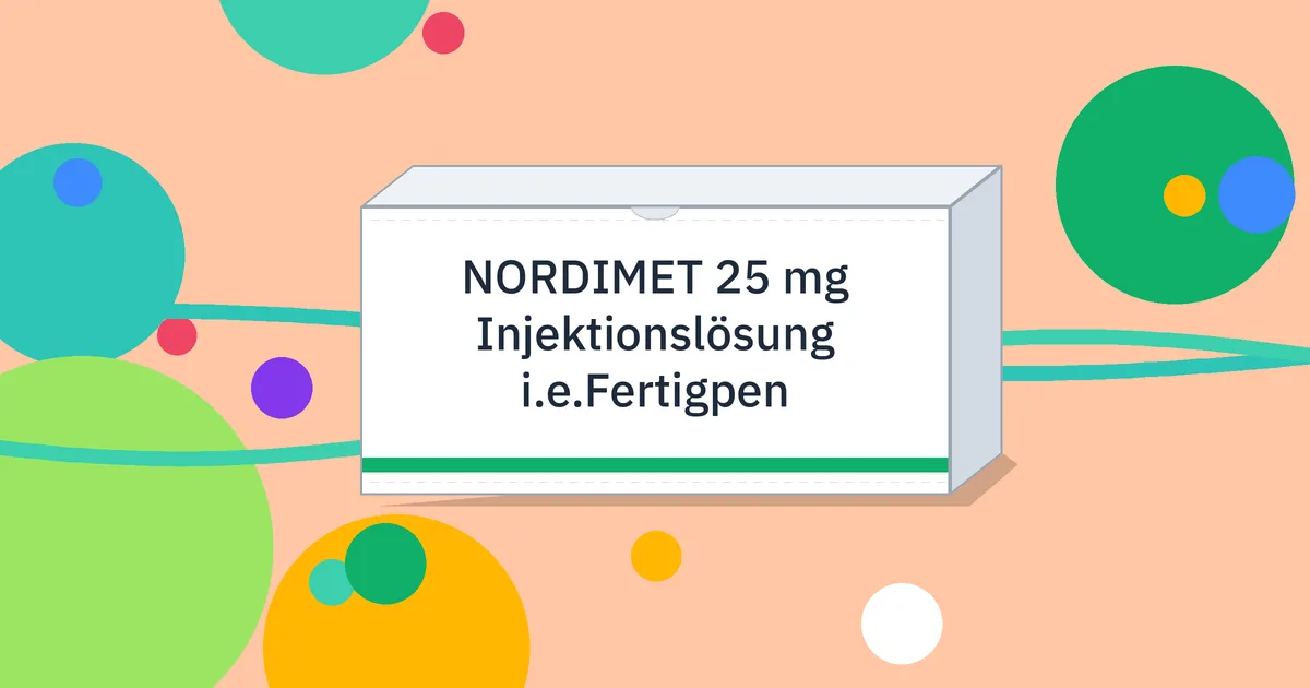 Symbolbild: Packung mit der Aufschrift NORDIMET 25 mg Injektionslösung i.e.Fertigpen (PZN 15264650) – Verfügbarkeit und Bezug in Apotheken in Frankfurt am Main