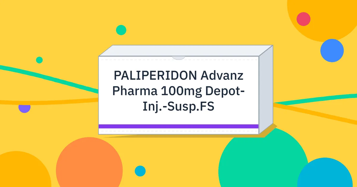 Symbolbild: Packung mit der Aufschrift PALIPERIDON Advanz Pharma 100mg Depot-Inj.-Susp.FS (PZN 18302380) – Verfügbarkeit und Bezug in Apotheken in Frankfurt am Main