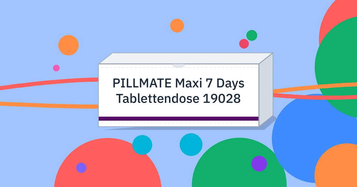 Symbolbild: Packung mit der Aufschrift PILLMATE Maxi 7 Days Tablettendose 19028 (PZN 07591978) – Verfügbarkeit und Bezug in Apotheken in Frankfurt am Main