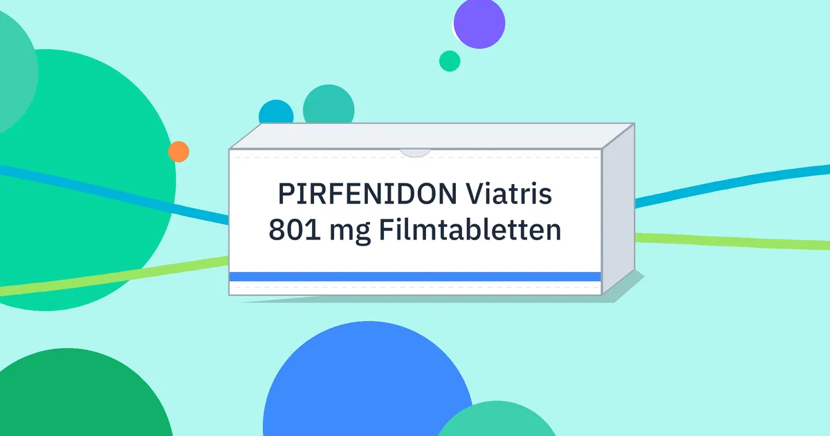 Symbolbild: Packung mit der Aufschrift PIRFENIDON Viatris 801 mg Filmtabletten (PZN 18438180) – Verfügbarkeit und Bezug in Apotheken in Frankfurt am Main