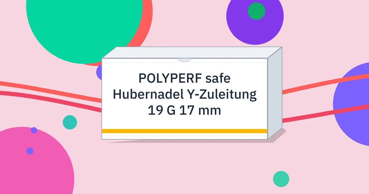Symbolbild: Packung mit der Aufschrift POLYPERF safe Hubernadel Y-Zuleitung 19 G 17 mm (PZN 18113934) – Verfügbarkeit und Bezug in Apotheken in Frankfurt am Main