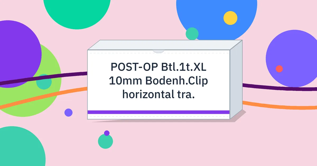 Symbolbild: Packung mit der Aufschrift POST-OP Btl.1t.XL 10mm Bodenh.Clip horizontal tra. (PZN 10411075) – Verfügbarkeit und Bezug in Apotheken in Frankfurt am Main