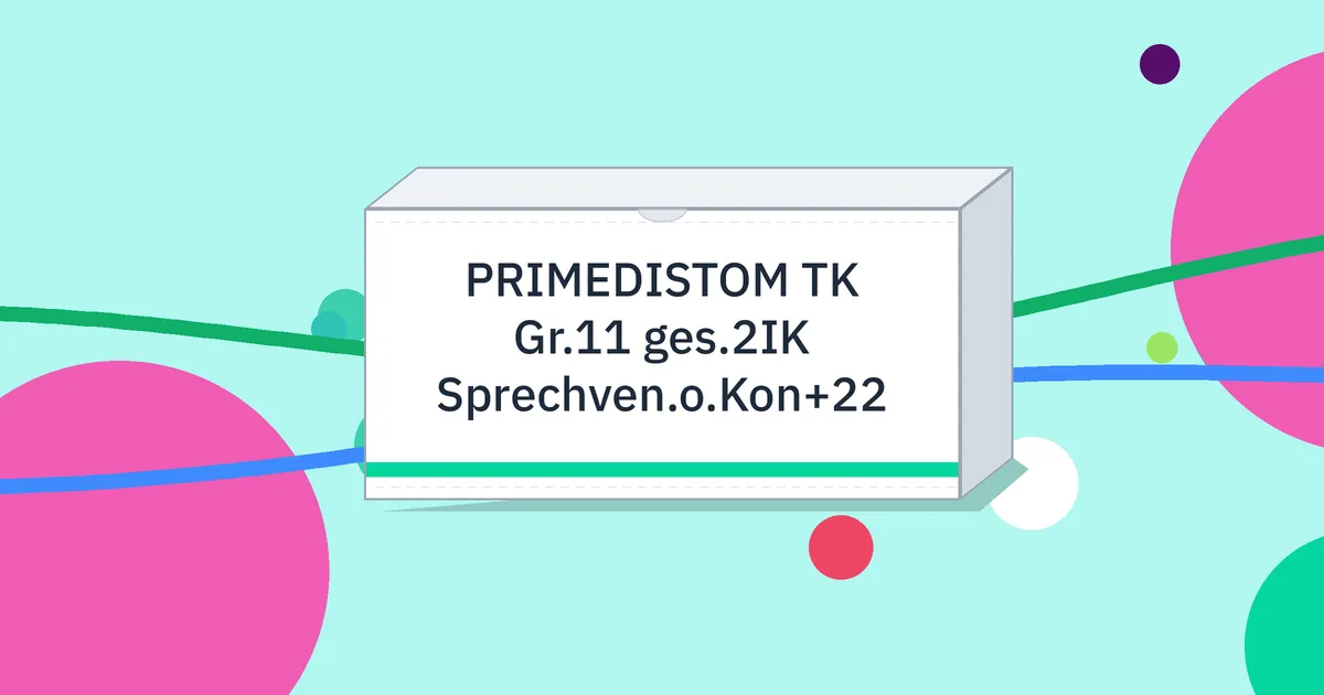Symbolbild: Packung mit der Aufschrift PRIMEDISTOM TK Gr.11 ges.2IK Sprechven.o.Kon+22 (PZN 10209327) – Verfügbarkeit und Bezug in Apotheken in Frankfurt am Main