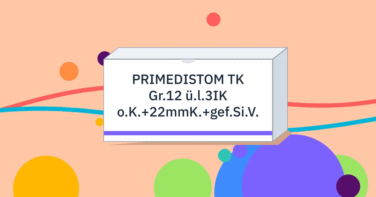 Symbolbild: Packung mit der Aufschrift PRIMEDISTOM TK Gr.12 ü.l.3IK o.K.+22mmK.+gef.Si.V. (PZN 10262818) – Verfügbarkeit und Bezug in Apotheken in Frankfurt am Main