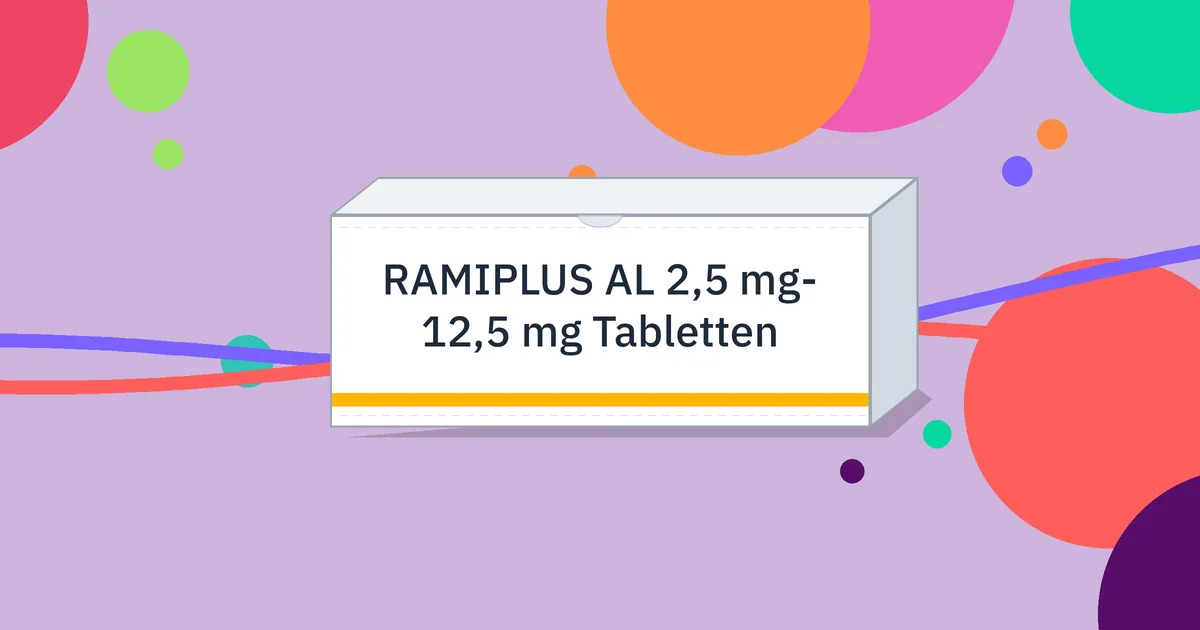 Symbolbild: Packung mit der Aufschrift RAMIPLUS AL 2,5 mg-12,5 mg Tabletten (PZN 01994770) – Verfügbarkeit und Bezug in Apotheken in Frankfurt am Main