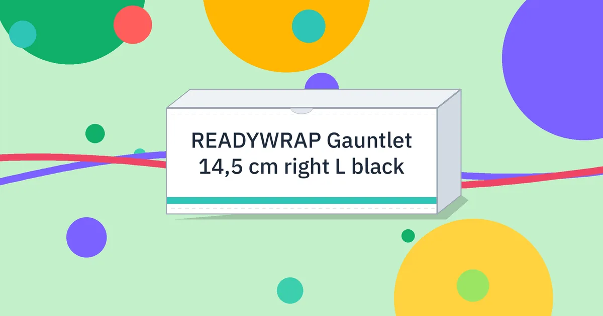 Symbolbild: Packung mit der Aufschrift READYWRAP Gauntlet 14,5 cm right L black (PZN 16567105) – Verfügbarkeit und Bezug in Apotheken in Frankfurt am Main