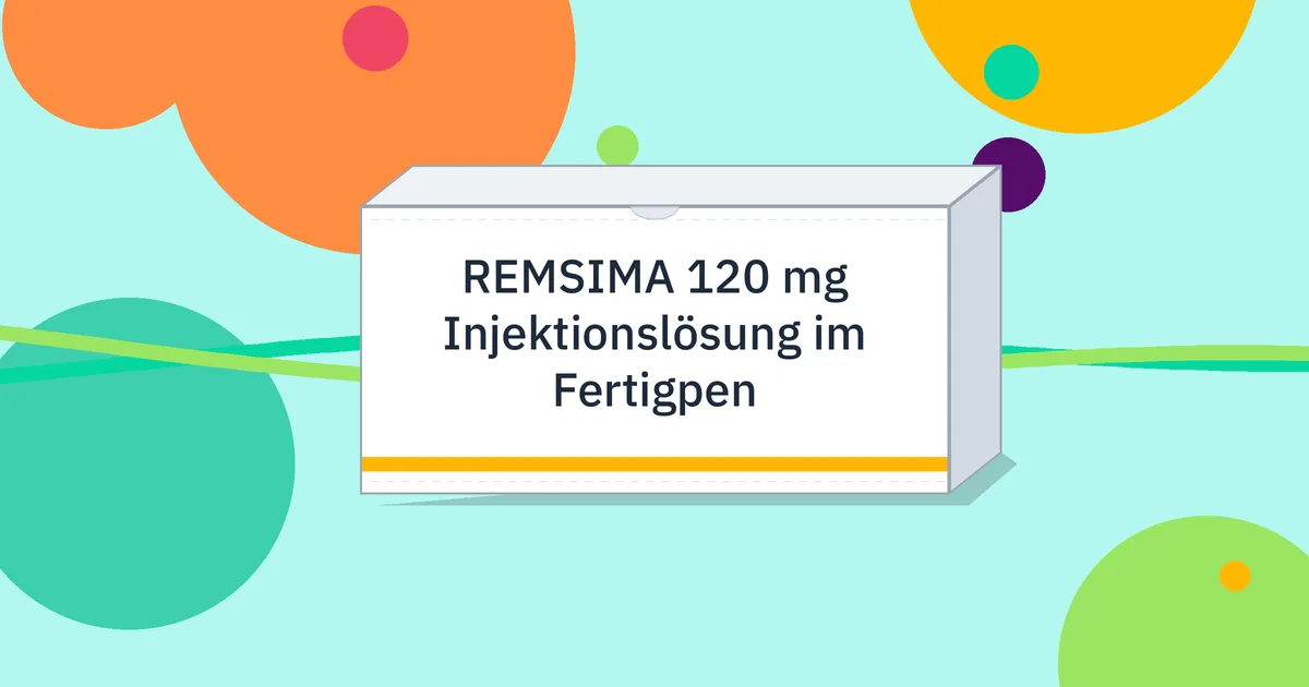 Symbolbild: Packung mit der Aufschrift REMSIMA 120 mg Injektionslösung im Fertigpen (PZN 17247526) – Verfügbarkeit und Bezug in Apotheken in Frankfurt am Main