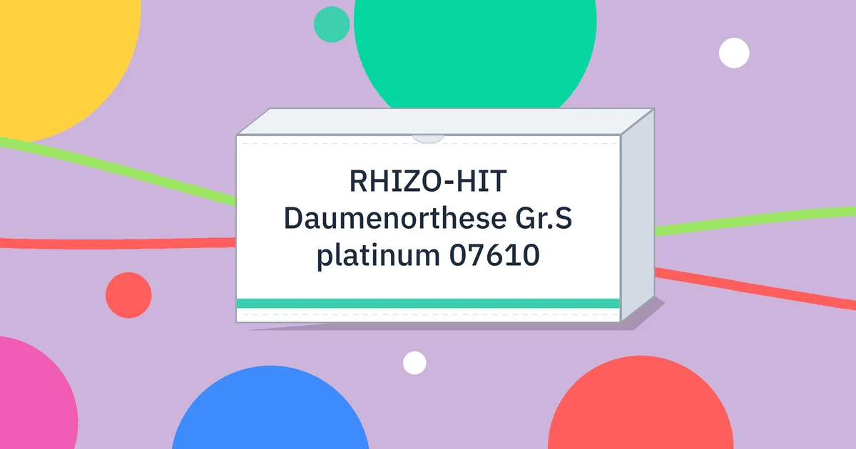 Symbolbild: Packung mit der Aufschrift RHIZO-HIT Daumenorthese Gr.S platinum 07610 (PZN 01651076) – Verfügbarkeit und Bezug in Apotheken in Frankfurt am Main
