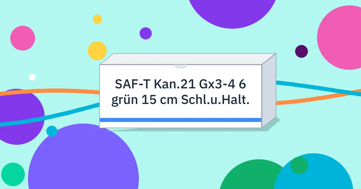 Symbolbild: Packung mit der Aufschrift SAF-T Kan.21 Gx3-4 6 grün 15 cm Schl.u.Halt. (PZN 09104988) – Verfügbarkeit und Bezug in Apotheken in Frankfurt am Main
