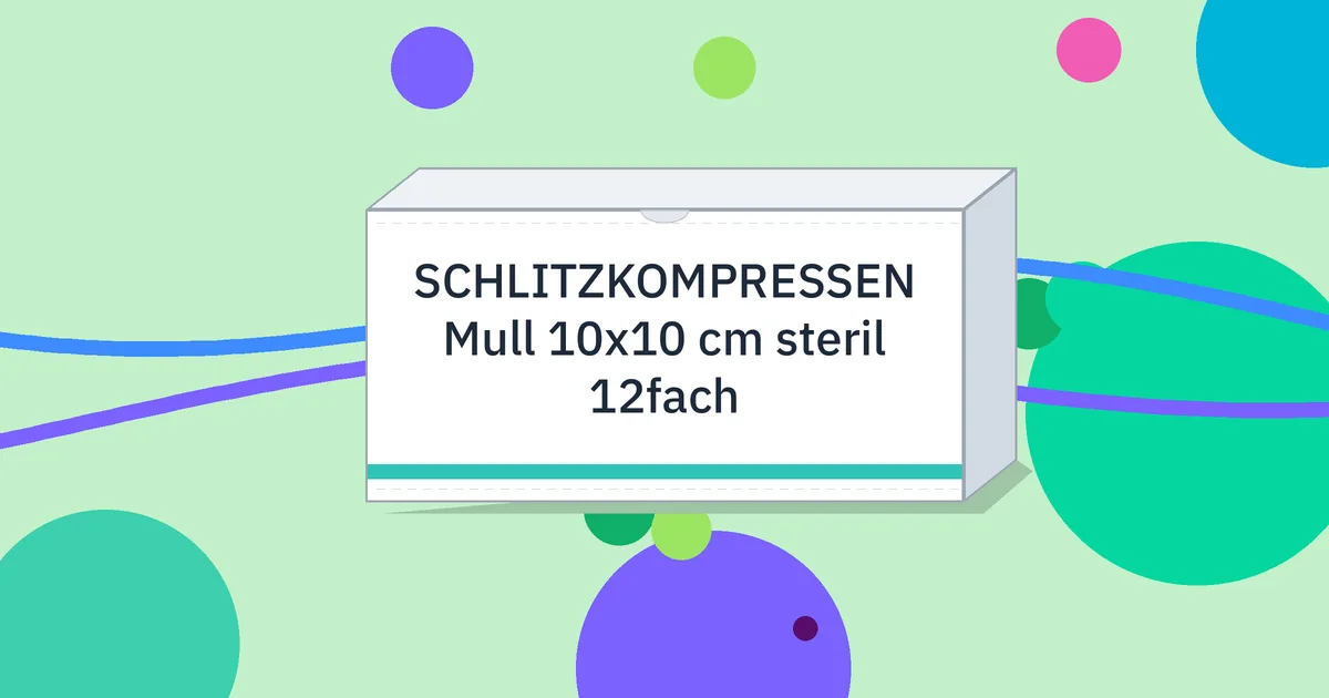 Symbolbild: Packung mit der Aufschrift SCHLITZKOMPRESSEN Mull 10x10 cm steril 12fach (PZN 07742957) – Verfügbarkeit und Bezug in Apotheken in Frankfurt am Main