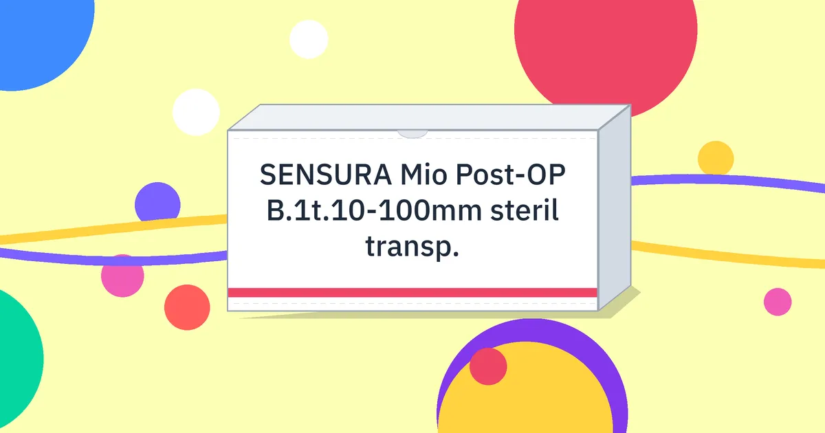 Symbolbild: Packung mit der Aufschrift SENSURA Mio Post-OP B.1t.10-100mm steril transp. (PZN 12727500) – Verfügbarkeit und Bezug in Apotheken in Frankfurt am Main