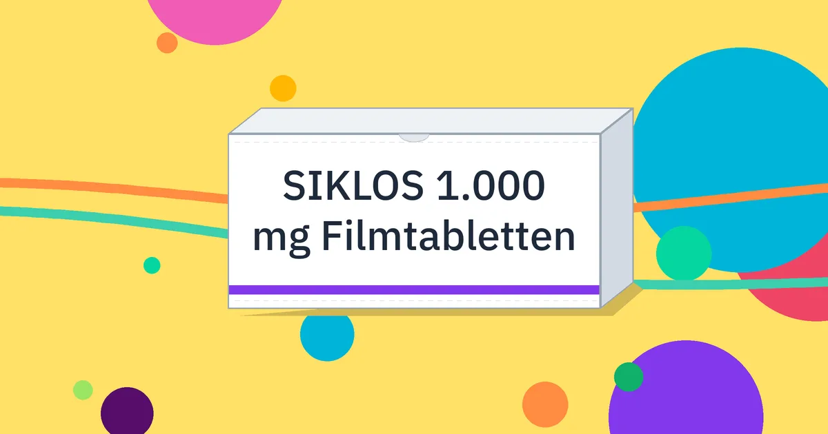 Symbolbild: Packung mit der Aufschrift SIKLOS 1.000 mg Filmtabletten (PZN 15328597) – Verfügbarkeit und Bezug in Apotheken in Frankfurt am Main