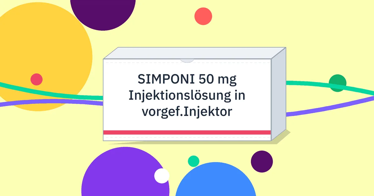 Symbolbild: Packung mit der Aufschrift SIMPONI 50 mg Injektionslösung in vorgef.Injektor (PZN 09239381) – Verfügbarkeit und Bezug in Apotheken in Frankfurt am Main