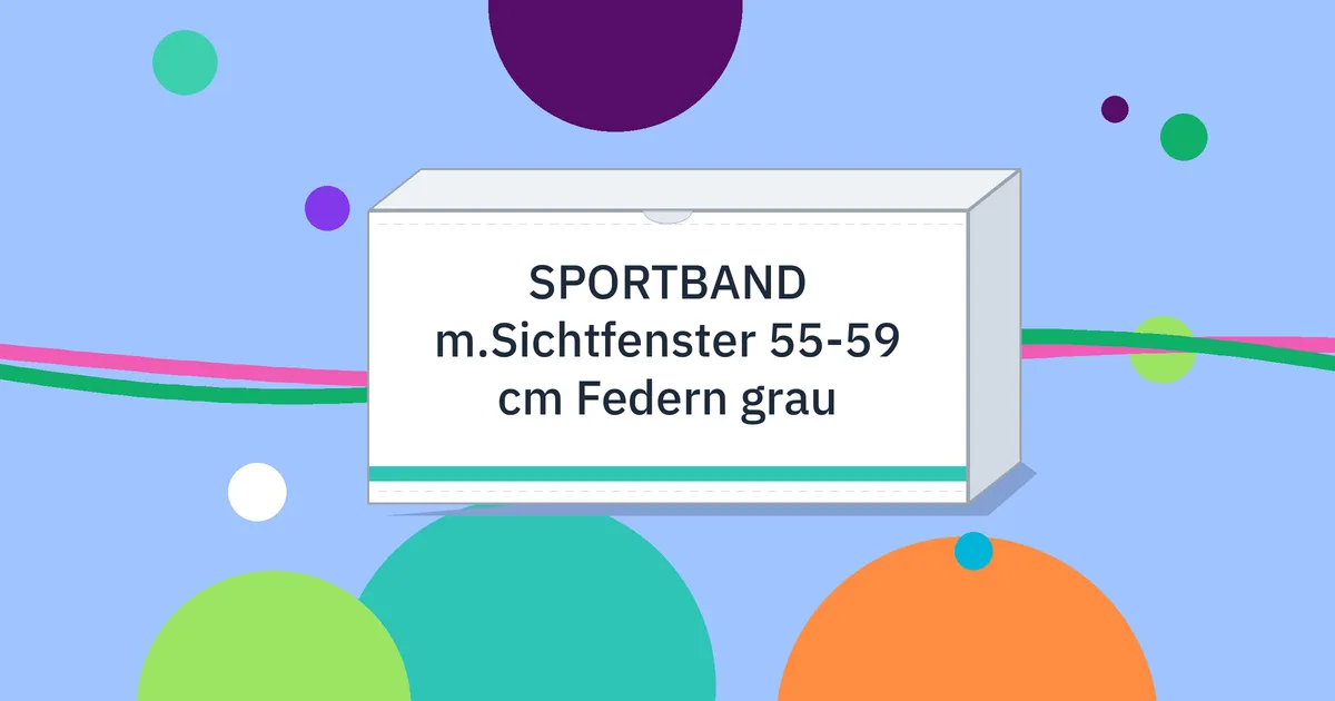 Symbolbild: Packung mit der Aufschrift SPORTBAND m.Sichtfenster 55-59 cm Federn grau (PZN 13916692) – Verfügbarkeit und Bezug in Apotheken in Frankfurt am Main