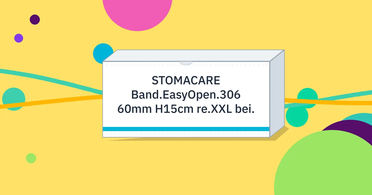 Symbolbild: Packung mit der Aufschrift STOMACARE Band.EasyOpen.306 60mm H15cm re.XXL bei. (PZN 07665607) – Verfügbarkeit und Bezug in Apotheken in Frankfurt am Main