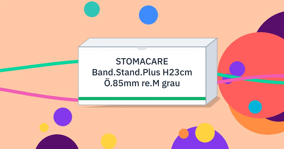 Symbolbild: Packung mit der Aufschrift STOMACARE Band.Stand.Plus H23cm Ö.85mm re.M grau (PZN 16751211) – Verfügbarkeit und Bezug in Apotheken in Frankfurt am Main
