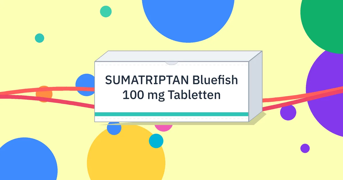 Symbolbild: Packung mit der Aufschrift SUMATRIPTAN Bluefish 100 mg Tabletten (PZN 06883845) – Verfügbarkeit und Bezug in Apotheken in Frankfurt am Main