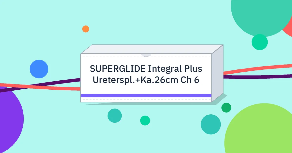 Symbolbild: Packung mit der Aufschrift SUPERGLIDE Integral Plus Ureterspl.+Ka.26cm Ch 6 (PZN 12424805) – Verfügbarkeit und Bezug in Apotheken in Frankfurt am Main