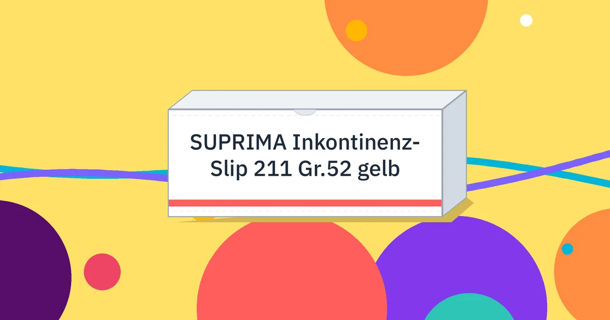 Symbolbild: Packung mit der Aufschrift SUPRIMA Inkontinenz-Slip 211 Gr.52 gelb (PZN 00708644) – Verfügbarkeit und Bezug in Apotheken in Frankfurt am Main