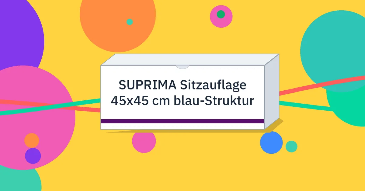 Symbolbild: Packung mit der Aufschrift SUPRIMA Sitzauflage 45x45 cm blau-Struktur (PZN 19554540) – Verfügbarkeit und Bezug in Apotheken in Frankfurt am Main