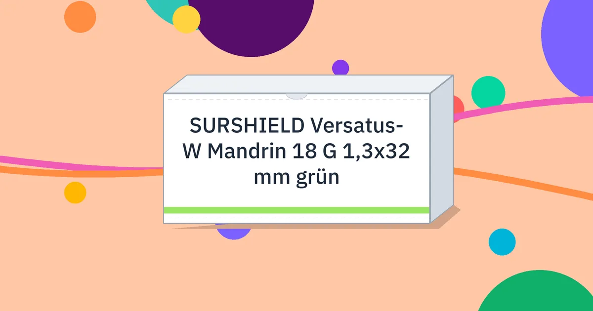 Symbolbild: Packung mit der Aufschrift SURSHIELD Versatus-W Mandrin 18 G 1,3x32 mm grün (PZN 15739538) – Verfügbarkeit und Bezug in Apotheken in Frankfurt am Main