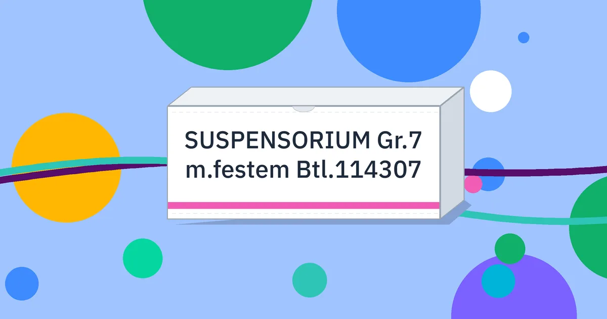 Symbolbild: Packung mit der Aufschrift SUSPENSORIUM Gr.7 m.festem Btl.114307 (PZN 04608862) – Verfügbarkeit und Bezug in Apotheken in Frankfurt am Main