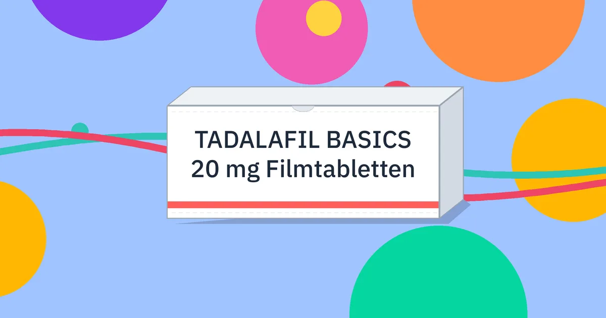 Symbolbild: Packung mit der Aufschrift TADALAFIL BASICS 20 mg Filmtabletten (PZN 14131266) – Verfügbarkeit und Bezug in Apotheken in Frankfurt am Main