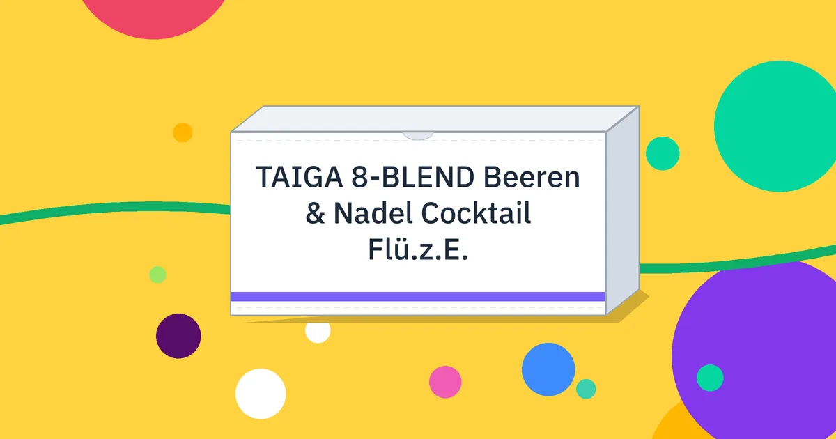 Symbolbild: Packung mit der Aufschrift TAIGA 8-BLEND Beeren & Nadel Cocktail Flü.z.E. (PZN 19779776) – Verfügbarkeit und Bezug in Apotheken in Frankfurt am Main