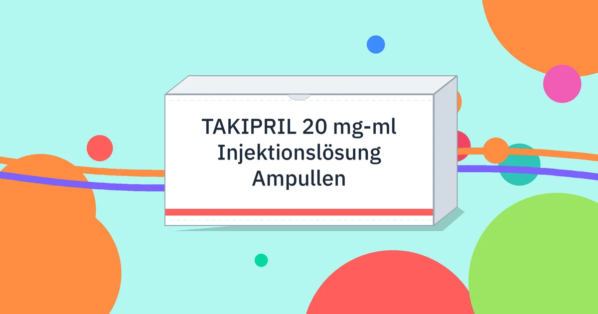Symbolbild: Packung mit der Aufschrift TAKIPRIL 20 mg-ml Injektionslösung Ampullen (PZN 06140854) – Verfügbarkeit und Bezug in Apotheken in Frankfurt am Main