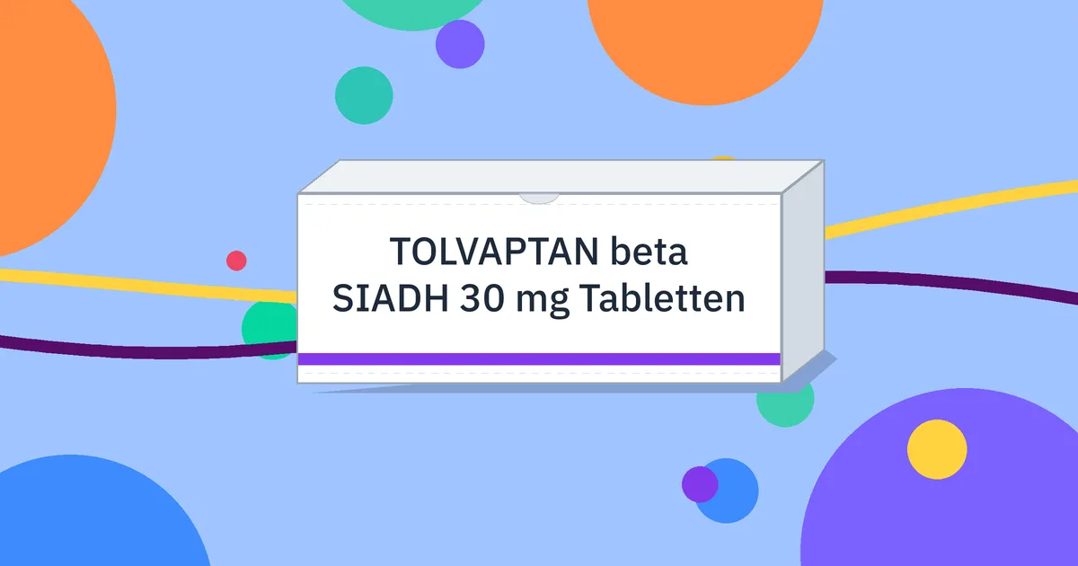 Symbolbild: Packung mit der Aufschrift TOLVAPTAN beta SIADH 30 mg Tabletten (PZN 19155478) – Verfügbarkeit und Bezug in Apotheken in Frankfurt am Main