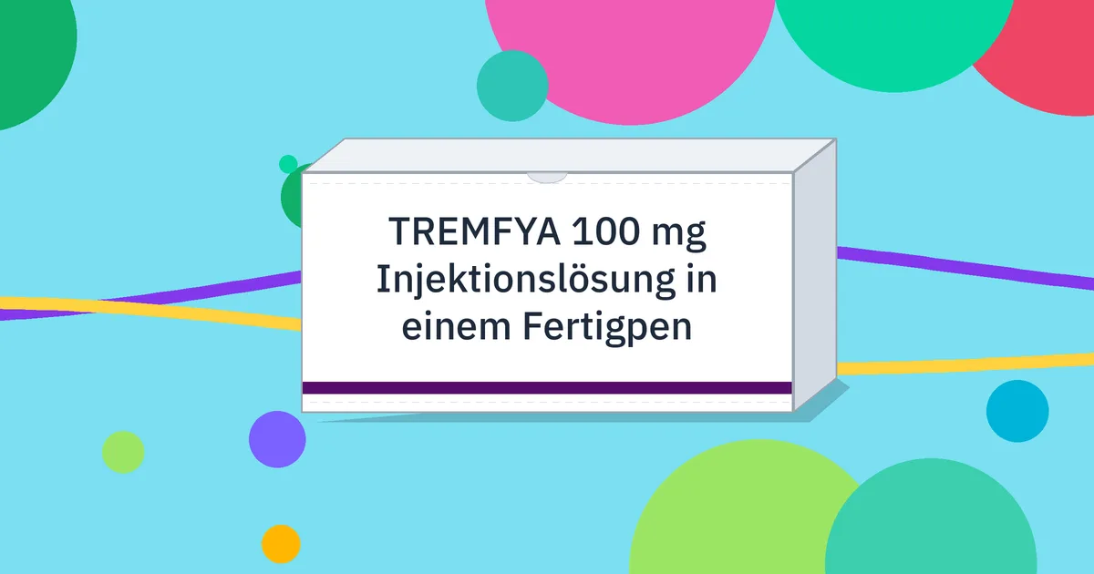 Symbolbild: Packung mit der Aufschrift TREMFYA 100 mg Injektionslösung in einem Fertigpen (PZN 16488363) – Verfügbarkeit und Bezug in Apotheken in Frankfurt am Main