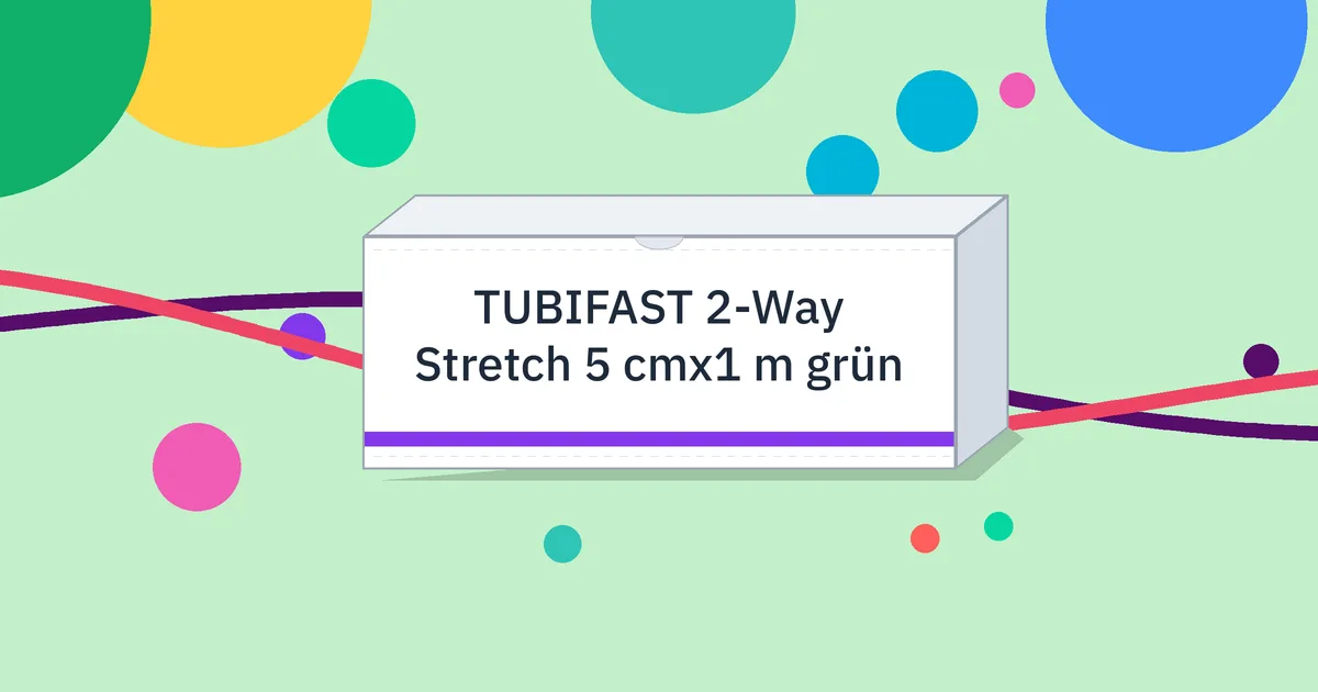 Symbolbild: Packung mit der Aufschrift TUBIFAST 2-Way Stretch 5 cmx1 m grün (PZN 10297768) – Verfügbarkeit und Bezug in Apotheken in Frankfurt am Main
