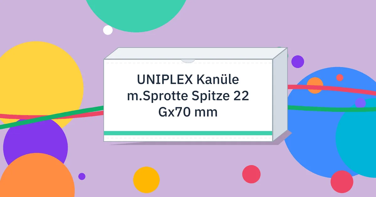 Symbolbild: Packung mit der Aufschrift UNIPLEX Kanüle m.Sprotte Spitze 22 Gx70 mm (PZN 03945327) – Verfügbarkeit und Bezug in Apotheken in Frankfurt am Main